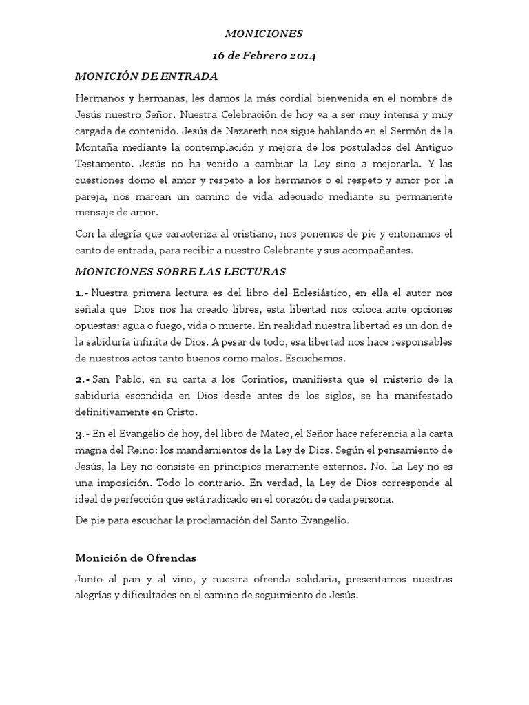 Moniciones 16 de Febrero 2014 Monición De Entrada | eucaristía | Misa ...
