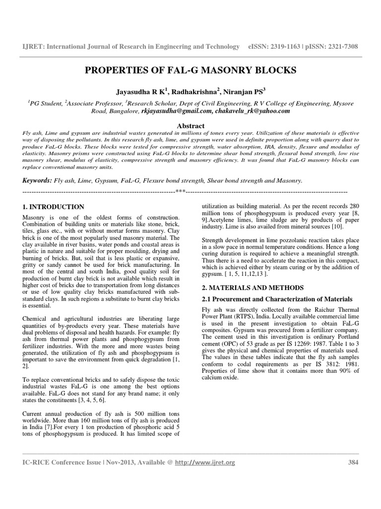 Properties of Fal-G Masonry Blocks | PDF | Fly Ash | Mortar (Masonry)