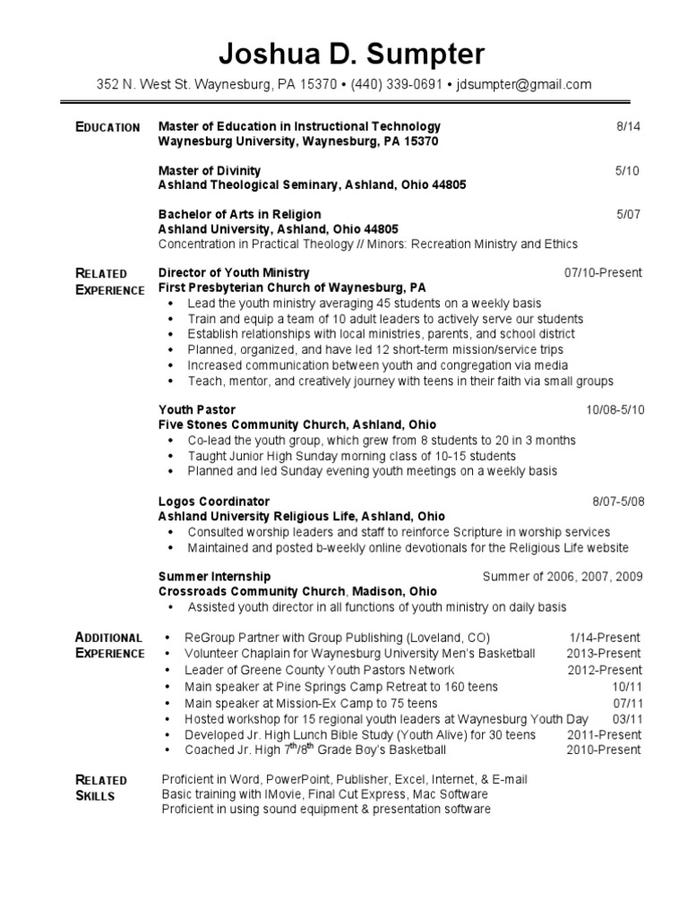 2014 Josh Sumpter Resume | PDF | Youth Ministry | Ohio