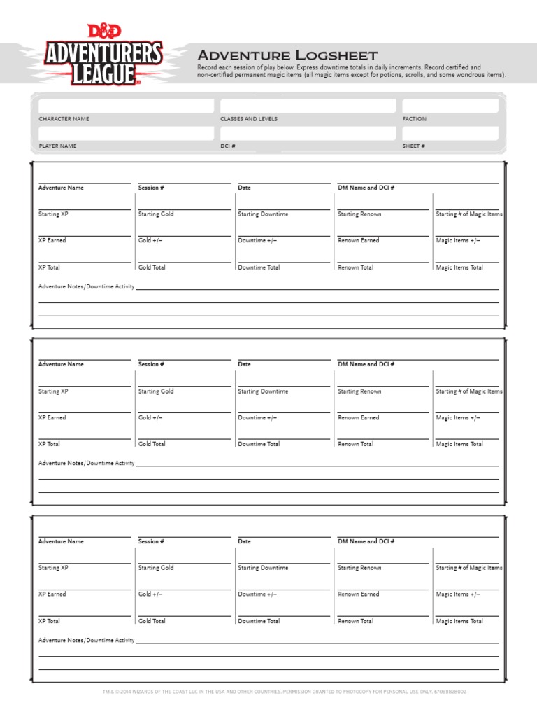 D&D Adventurer's League Adventure Logsheet | PDF | Dungeons & Dragons ...