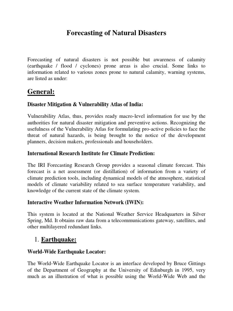 Forecasting of Natural Disasters: Disaster Mitigation & Vulnerability ...