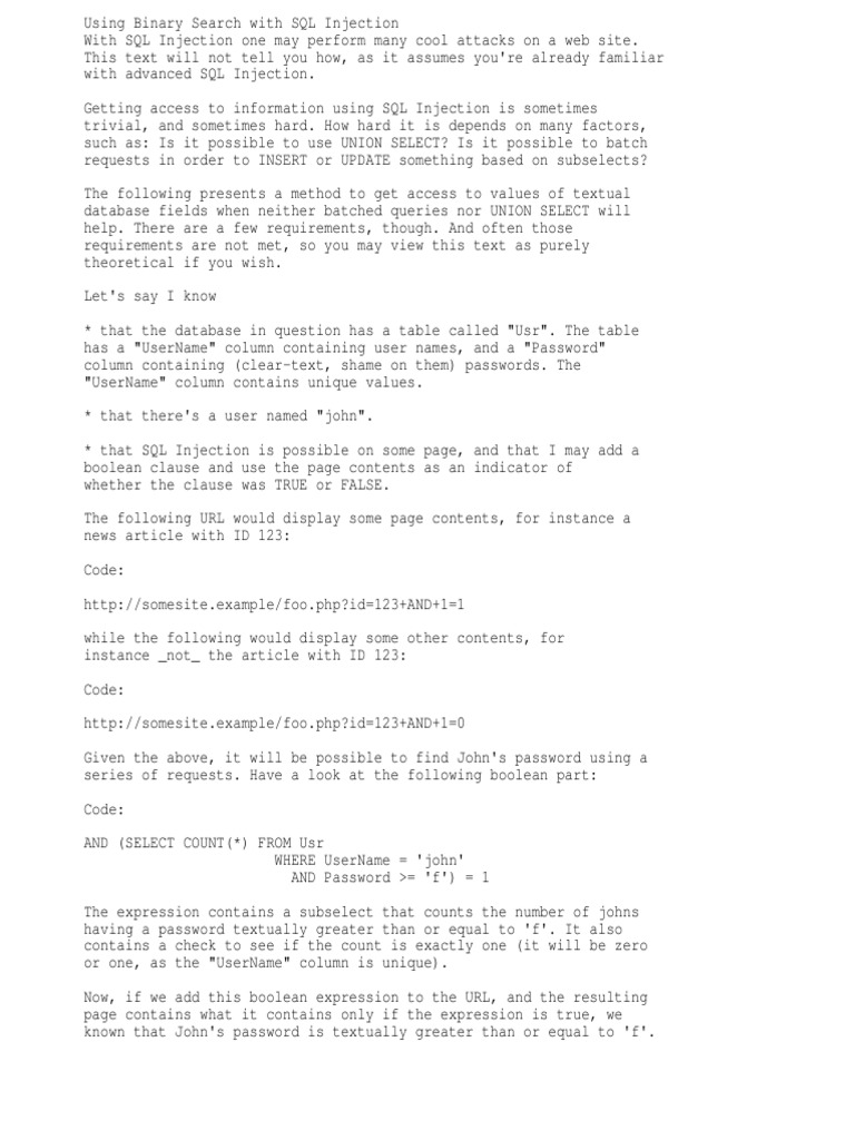 Using Binary Search With Sql Injection Pdf Sql Information