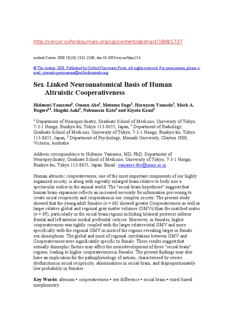 Sex Linked Neuroanatomical Basis Of Human Altruistic Cooperativeness