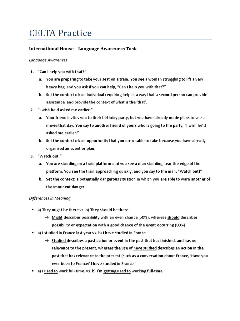 CELTA Practice: International House - Language Awareness Task | PDF ...