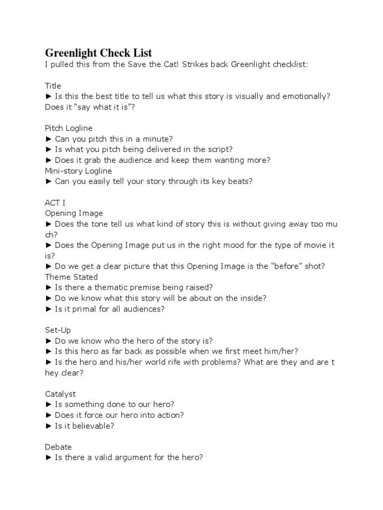 Greenlight Check List | PDF | Leisure