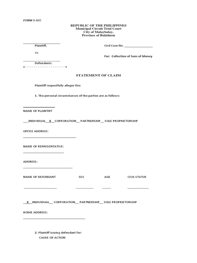 Form 1-Scc: Statement of Claim | PDF | Cause Of Action | Plaintiff