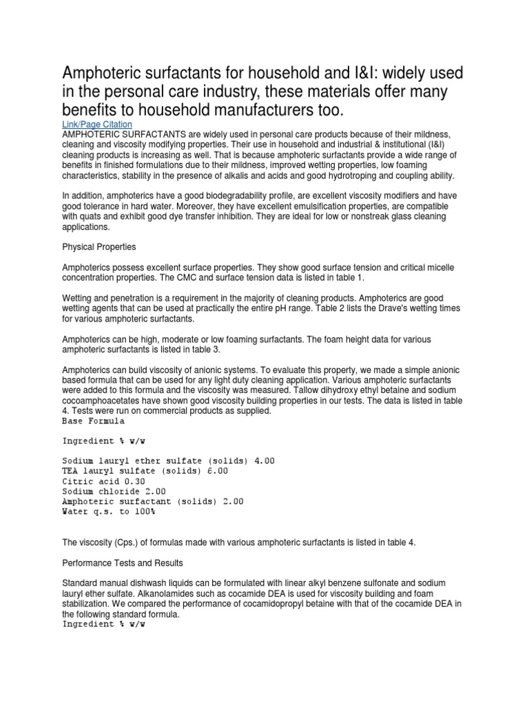Amphoteric surfactants: widely used and offer benefits | PDF ...