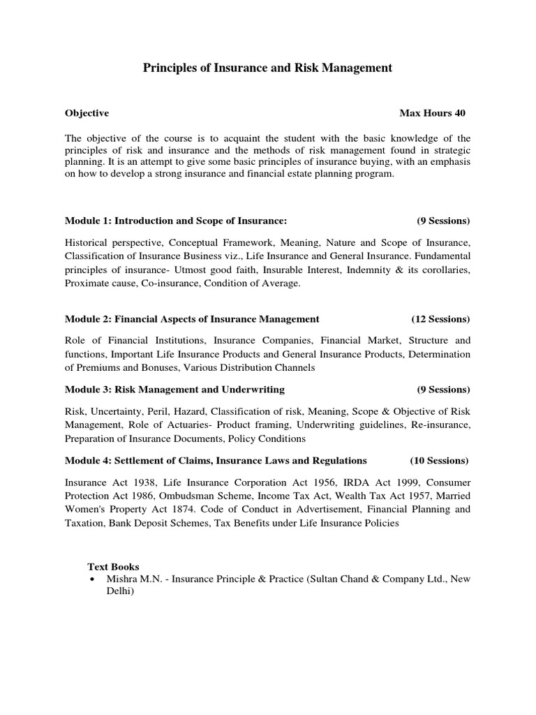 Principles of Insurance and Risk Management Syllabus | PDF | Life ...