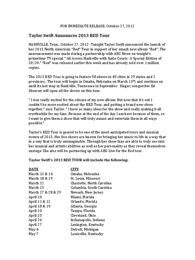 REd Tour Press Release | PDF | Music Industry | Entertainment Award