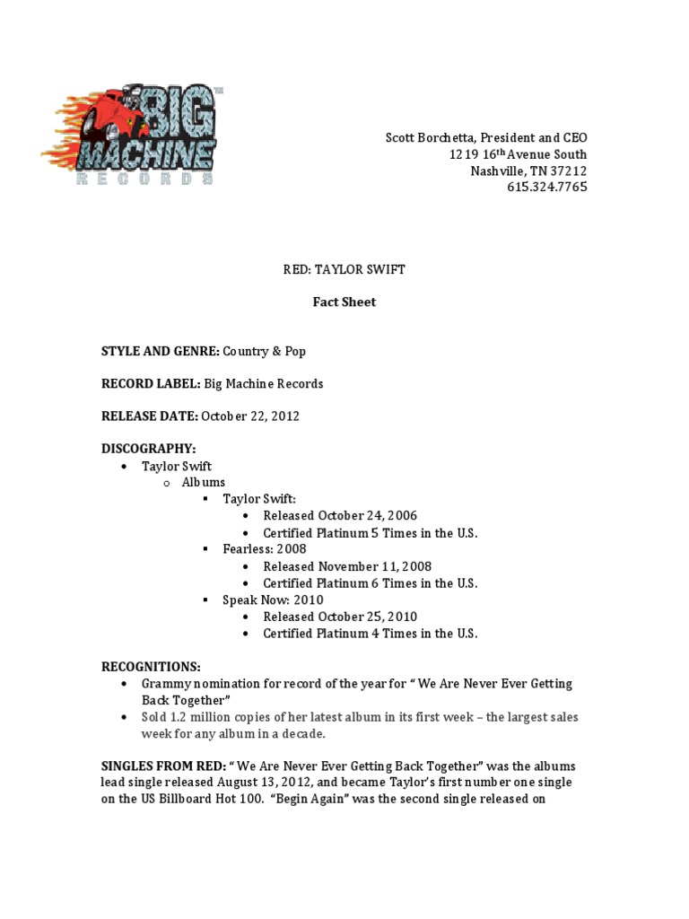 Taylor Swift Fact Sheet | PDF | Music Media | Pop Music