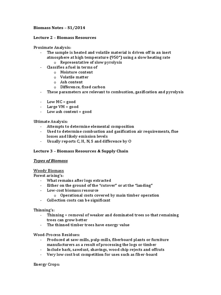 SOLA5052 - Biomass - '14 Notes | PDF | Anaerobic Digestion | Gasification