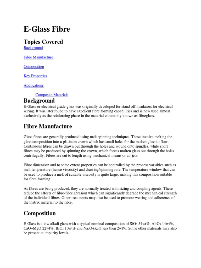 E-Glass Fibre: Topics Covered | PDF | Composite Material | Glasses