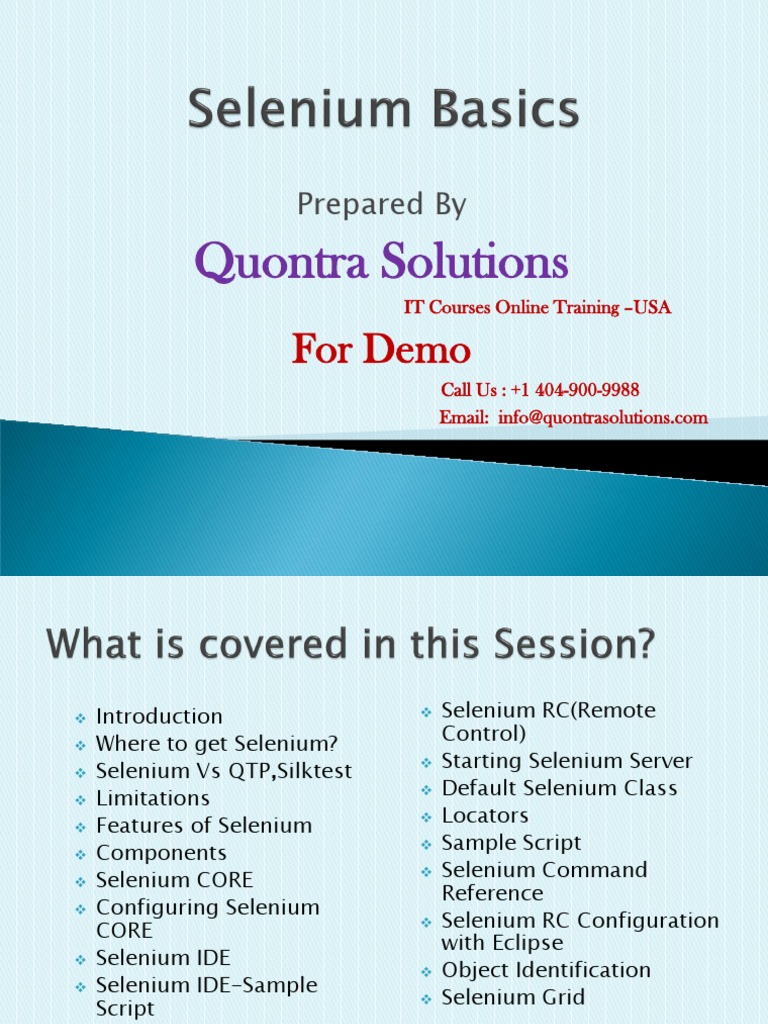 Quontra Solutions: For Demo | PDF | Selenium (Software) | Scripting Language