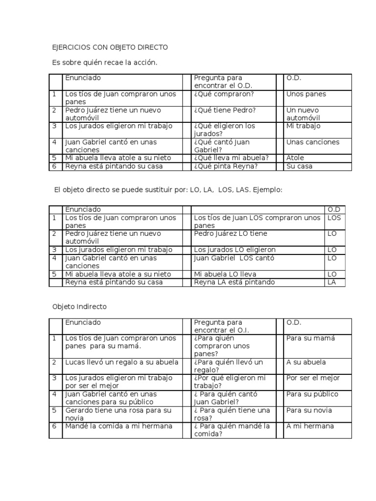 Ejercicios de Objeto Directo para Primaria | PDF
