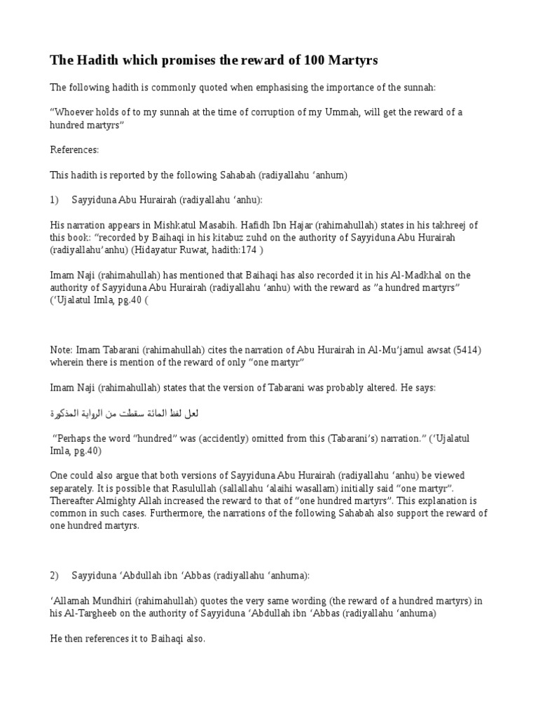 The Hadith Which Promises The Reward of 100 Martyrs | PDF | Hadith ...