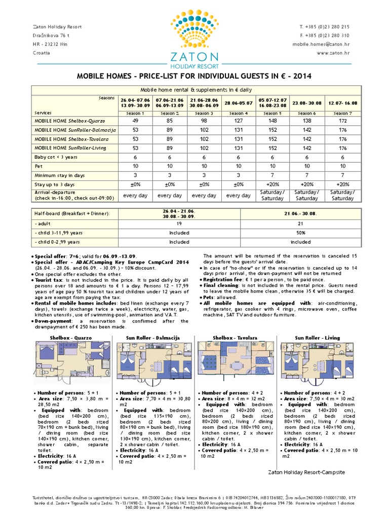 Mobile Homes - Price-List For Individual Guests in - 2014 | PDF | Home ...