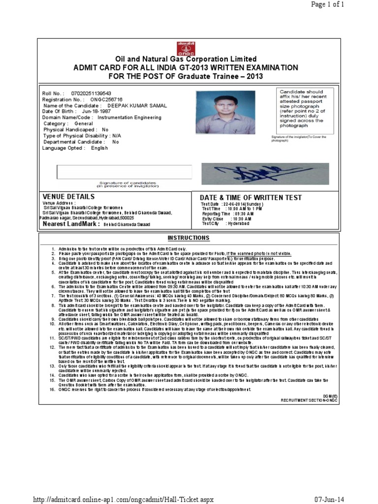 Hall Ticket | Test (Assessment) | Government