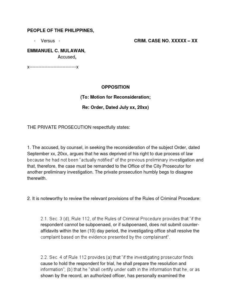Opposition to Motion for Reconsideration in Criminal Case | PDF | Probable Cause | Prosecutor