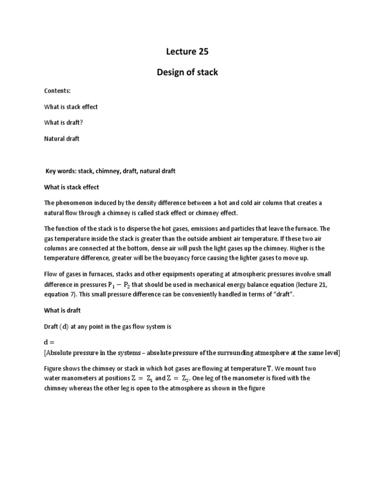 Lecture 25 Design of Stack: Key Words: Stack, Chimney, Draft, Natural ...