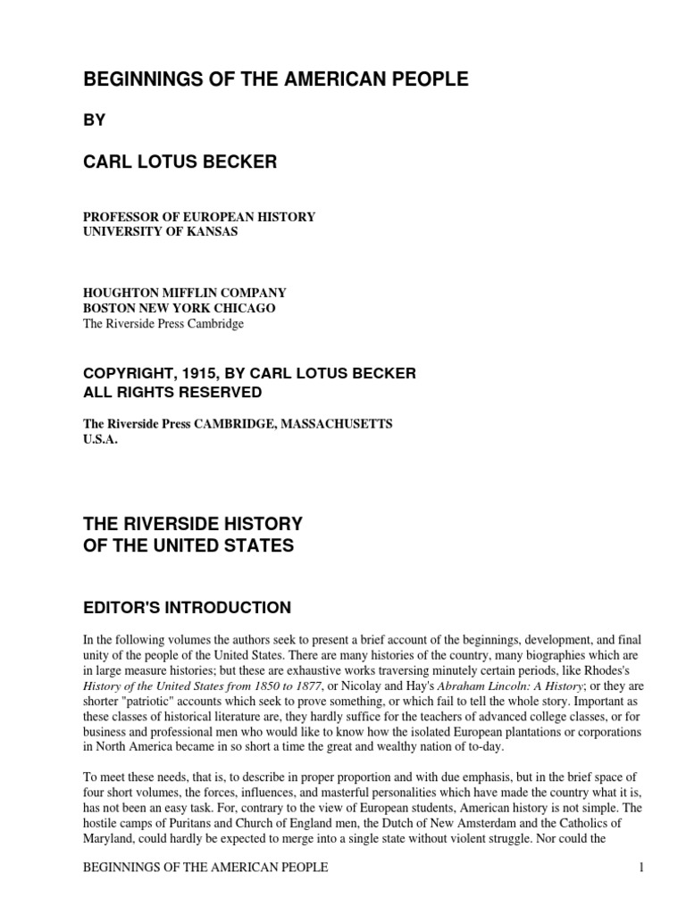 Beginnings of The American People by Becker, Carl Lotus, 1873-1945 ...