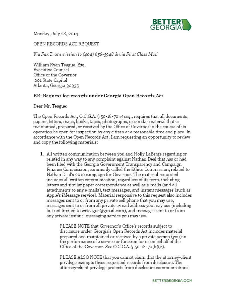 Request For Records Under Georgia Open Records Act - Ryan Teague | PDF ...