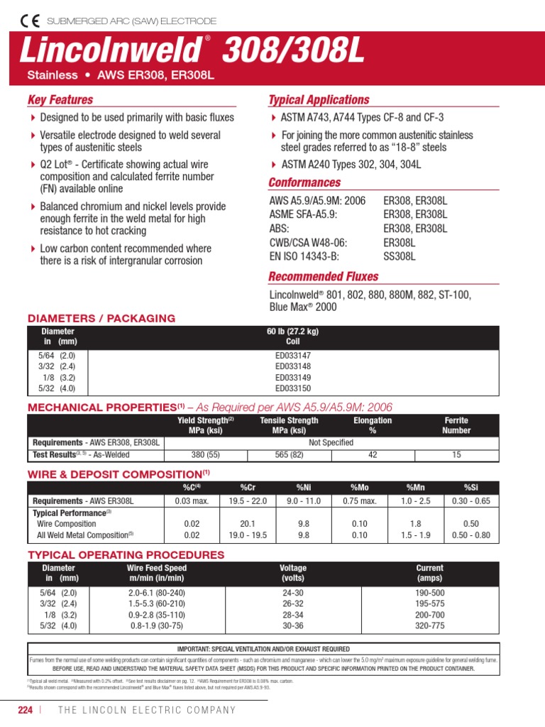 Lincolnweld 308/308L: Typical Applications Key Features | PDF | Welding ...