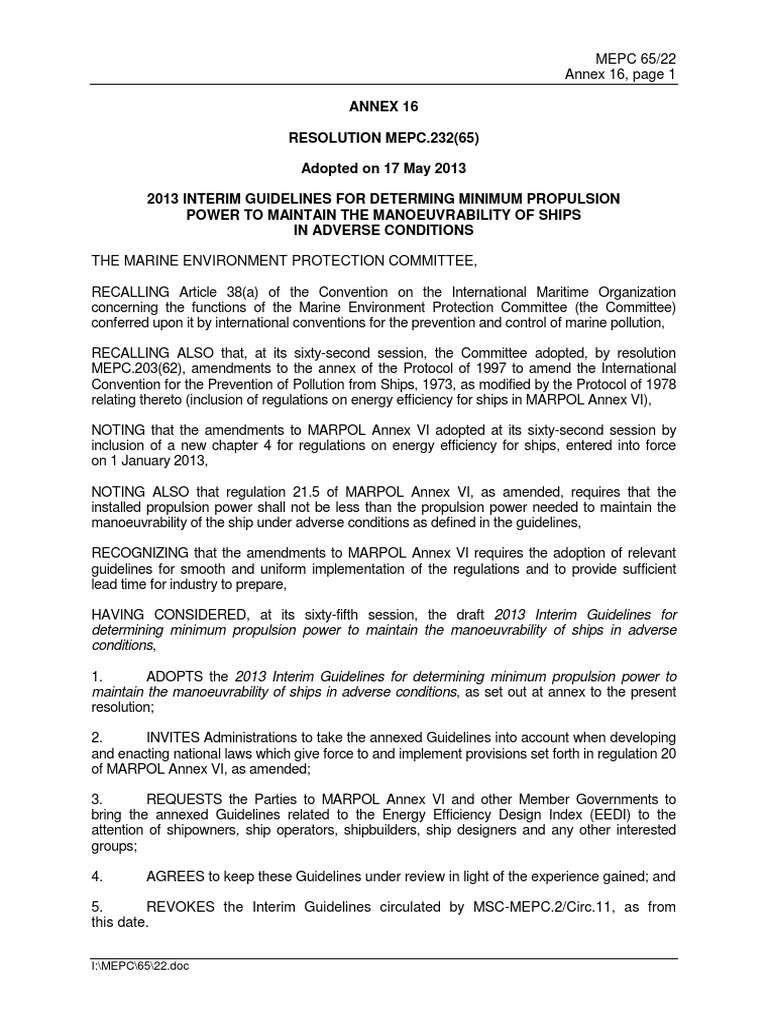 Annex 16 RESOLUTION MEPC.232 (65) Adopted On 17 May 2013 2013 Interim ...