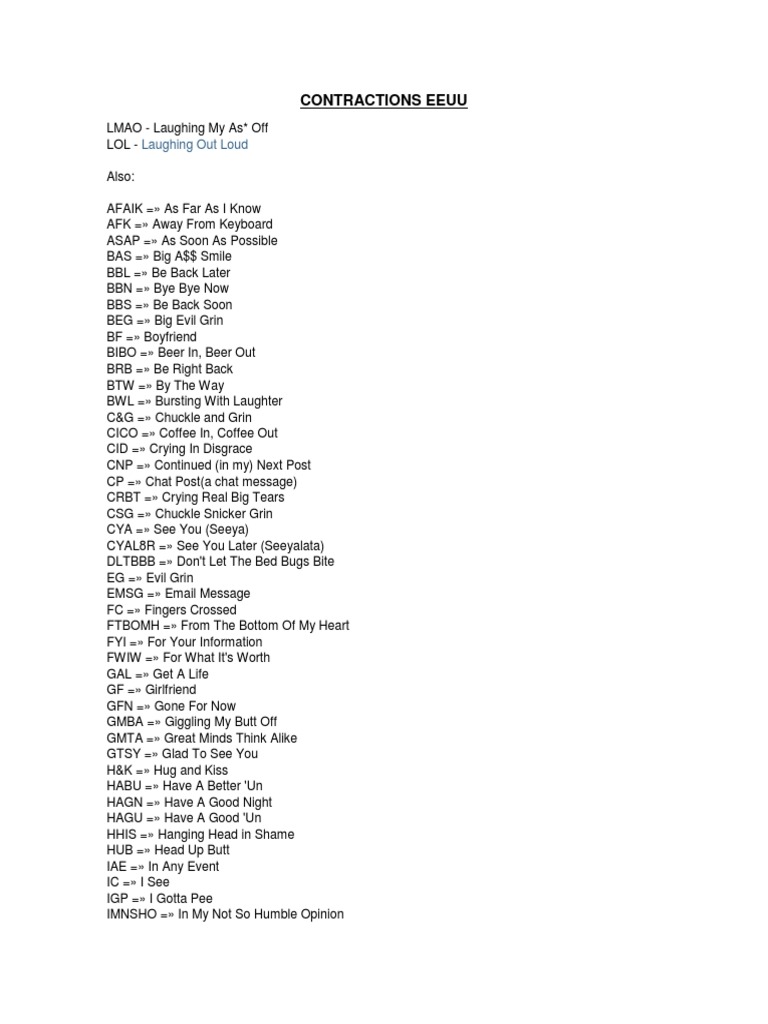 A Comprehensive List of Common Texting Acronyms and Their Meanings | PDF