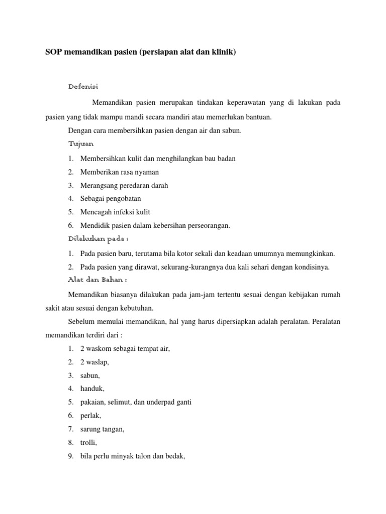 SOP Memandikan Pasien: Prosedur dan Alat | PDF | Kesehatan Holistik