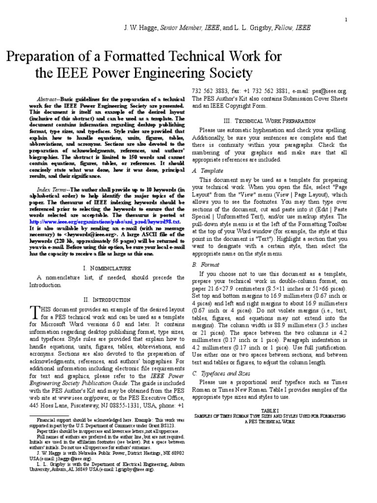 Preparation of A Formatted Technical Work For The IEEE Power ...