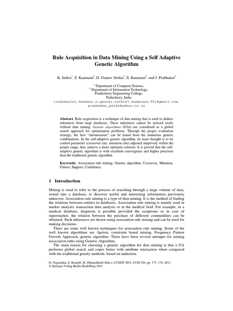 Rule Acquisition in Data Mining Using A Self Adaptive Genetic Algorithm | PDF | Genetic ...