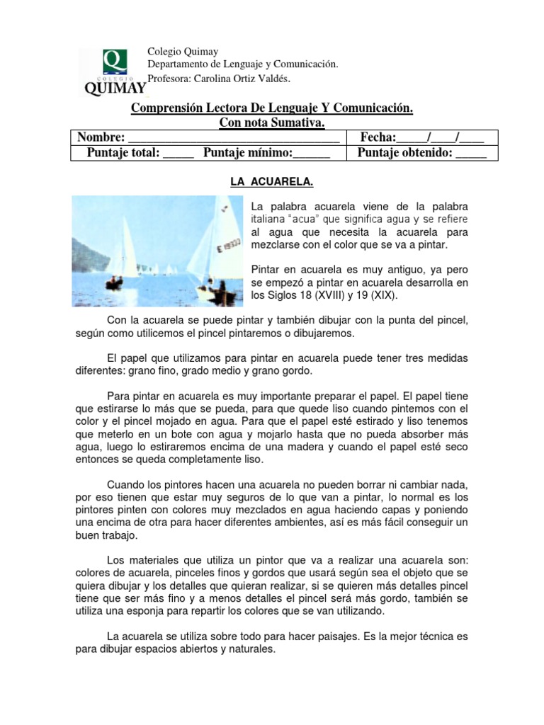 Comprensión lectora sobre la técnica de la acuarela y el análisis del ...