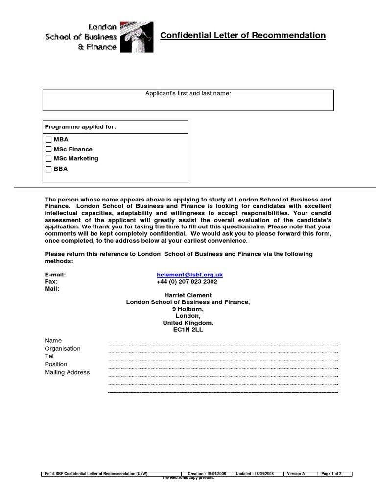 LSBF Reference Form | PDF | London | Economics