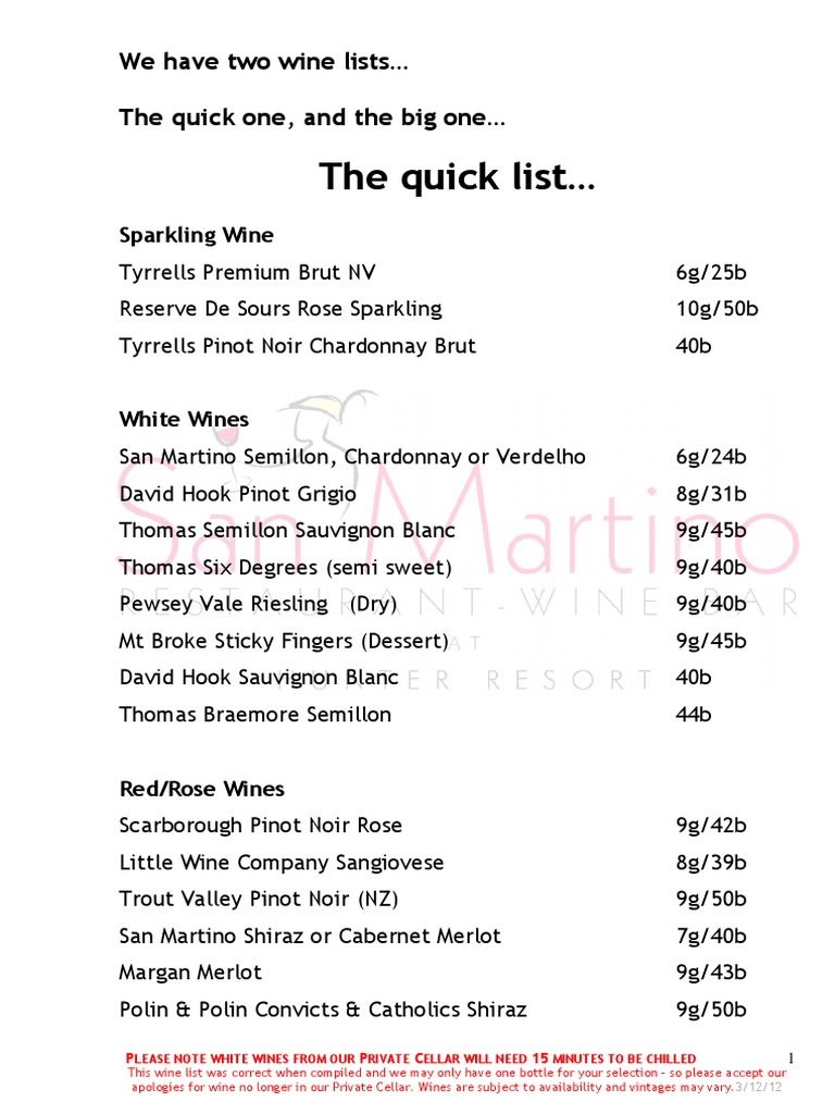 Sample Wine List PDF Wine Rose