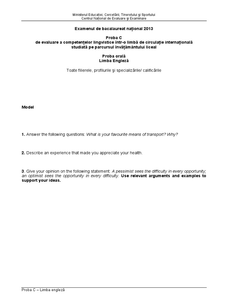 Model de Subiect Si Barem Evaluarea Competentelor Lingvistice Limba ...