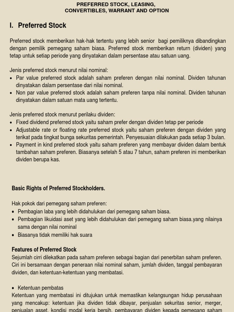 8-Preferred Stock, Leasing, Warrant, Dan Option | PDF | Bisnis ...