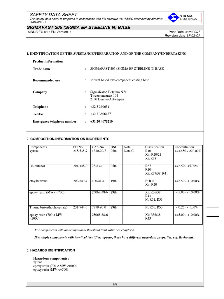 Msds Sigmafast 205 (Sigma Ep Steeline N) Base | PDF | Personal ...