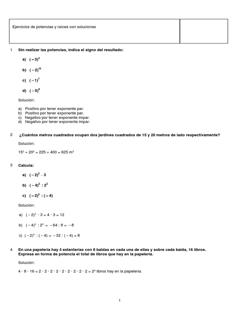 Matemáticas 1º ESO - Ejercicios de Potencias y Raíces Con Soluciones | PDF | Exponenciación ...