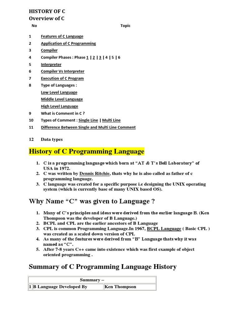 History of C Programming Language | PDF | C (Programming Language) | Integer (Computer Science)