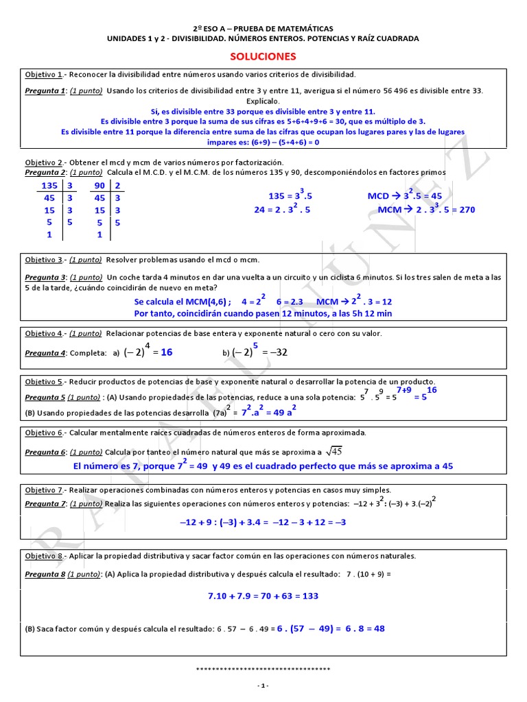 2esoa 1 U1y2 PRUEBA SOLUC Divisib Enteros Pot y Raiz 13 14 | PDF | Exponenciación | Aritmética
