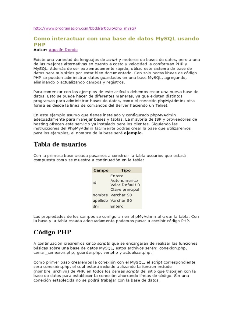 Cómo Interactuar Con Una Base de Datos MYSQL Usando PHP | PDF | Tabla (base de datos) | Php