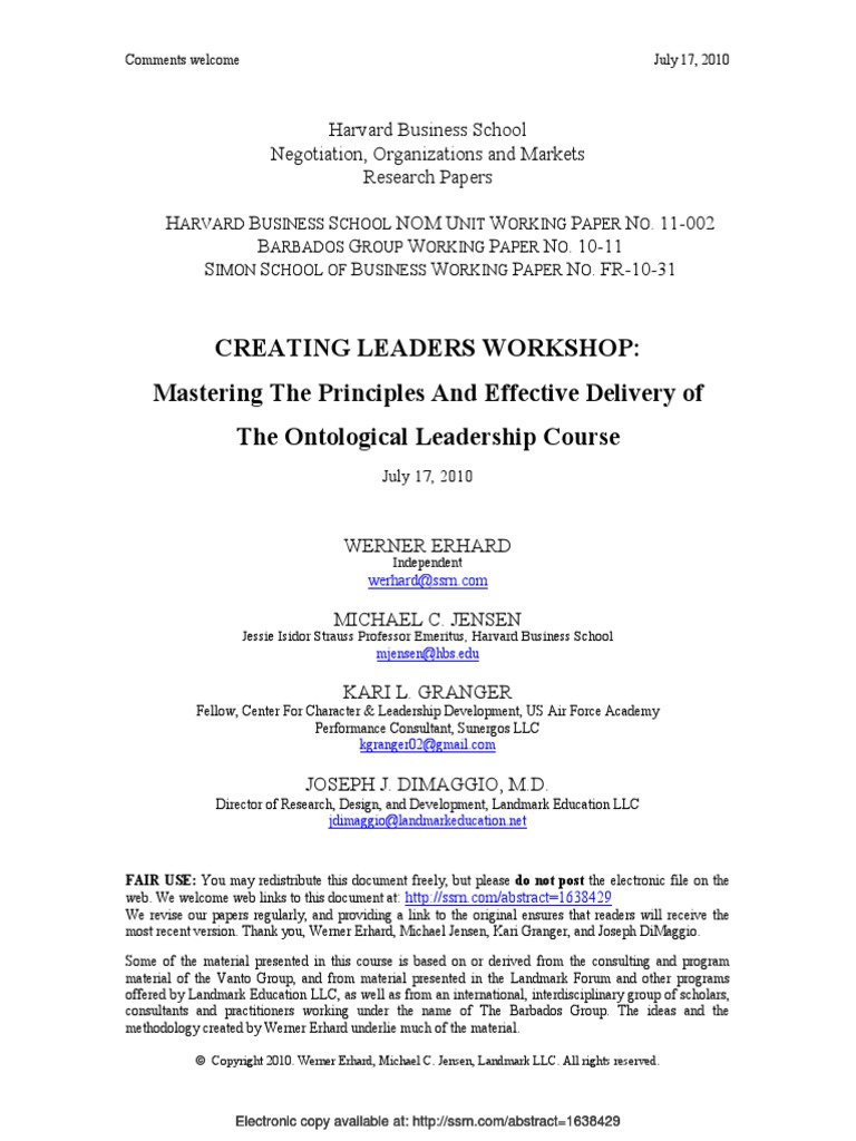 CREATING LEADERS WORKSHOP Mastering The Principles and Effective Delivery of The Ontological ...