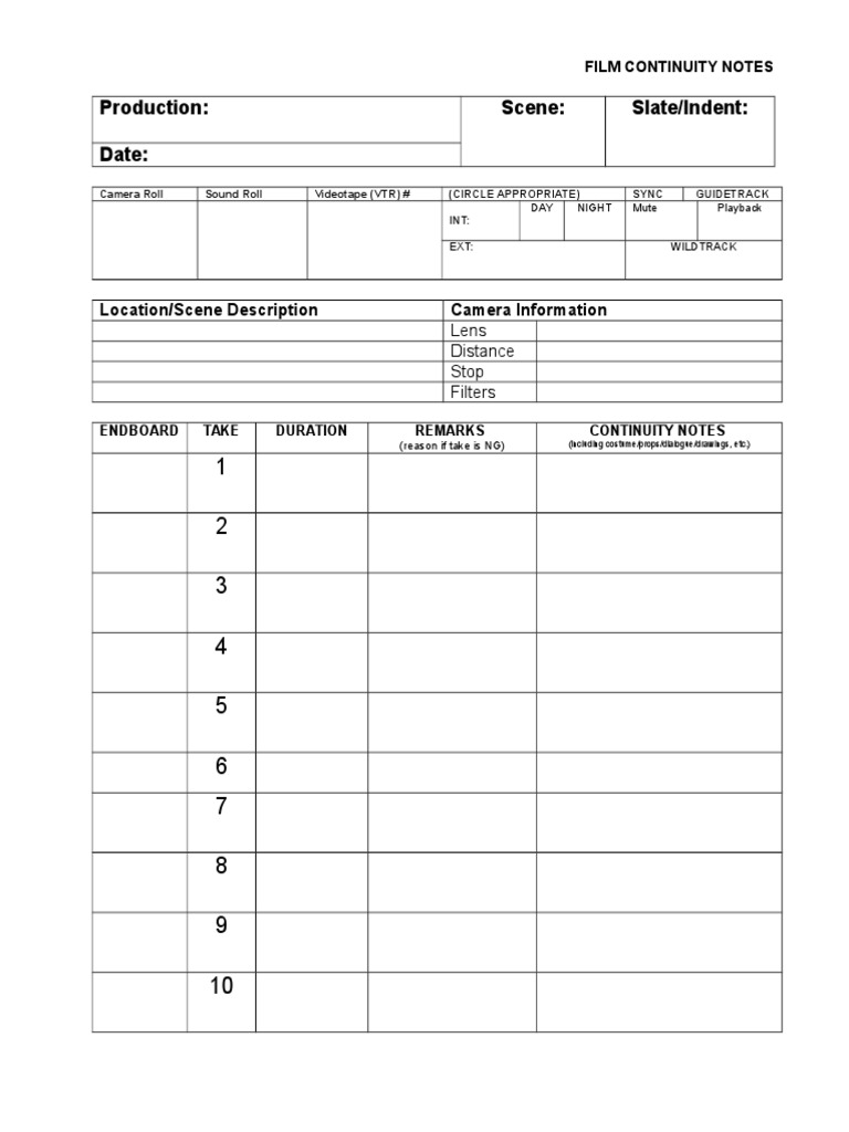Continuity Sheet Pdf