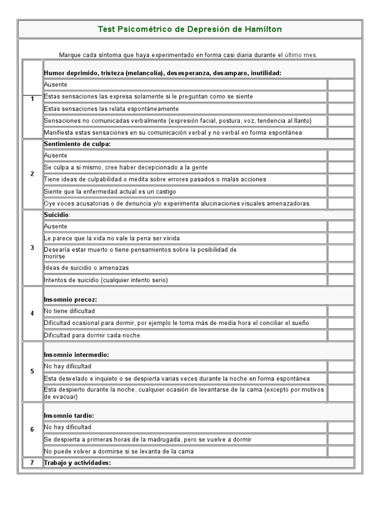 Test de Depresión de Hamilton | PDF | Depresión (estado de ánimo ...