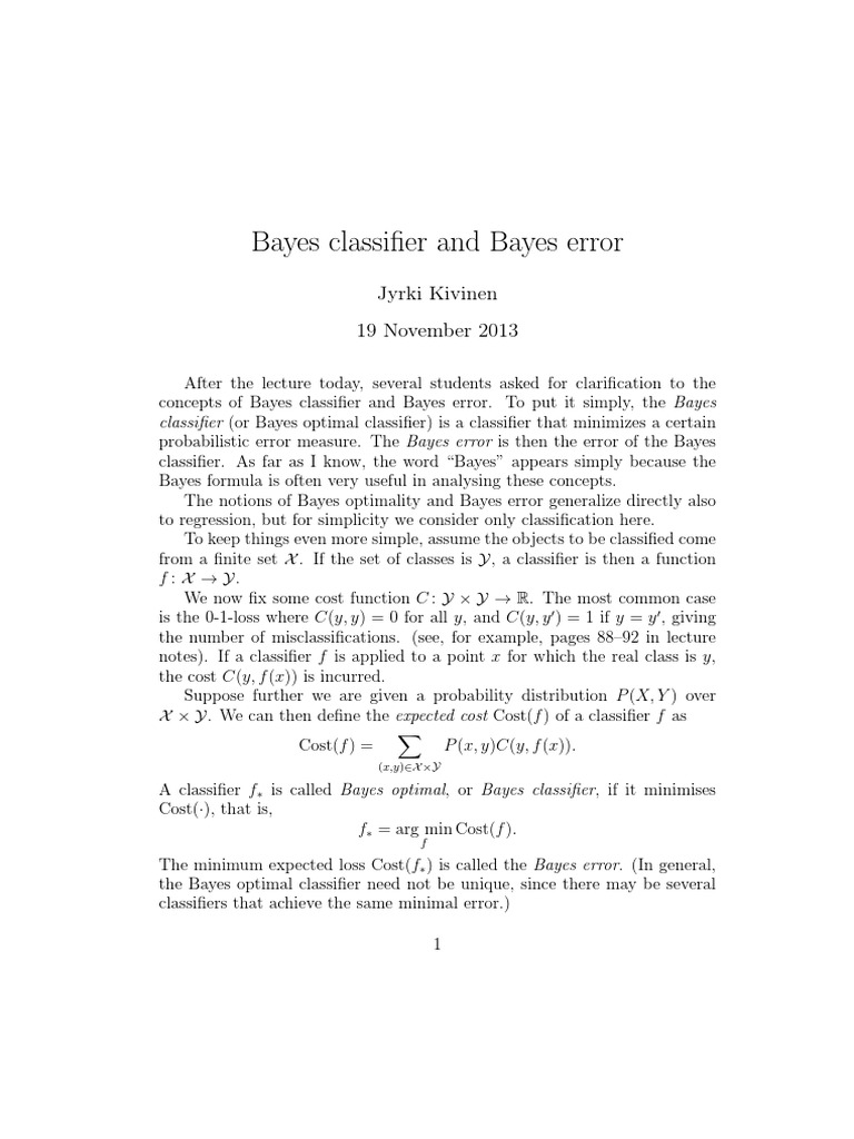 Bayes Classifier and Bayes Error: Jyrki Kivinen 19 November 2013 | PDF | Machine Learning ...