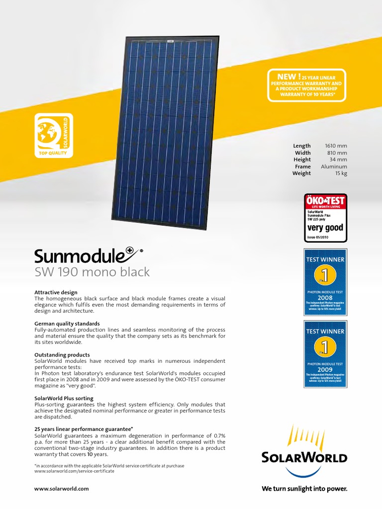 SOLARWORLD Sunmodule Plus 190 Mono Black | PDF | Electrical Engineering ...
