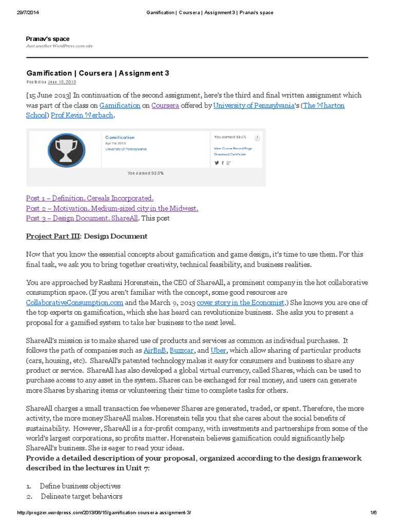 Gamification - Coursera - Assignment 3 - Pranav's Space | PDF | Sharing ...