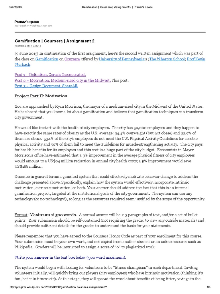 Gamification - Coursera - Assignment 2 - Pranav's Space | PDF ...
