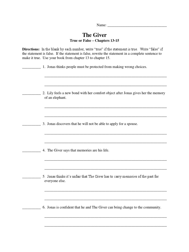 True/False Quiz: The Giver Chapters 13-15 | PDF | Language Arts ...