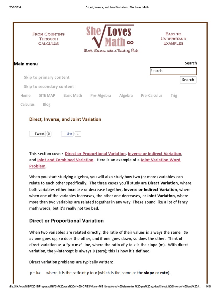 Direct, Inverse, Joint Variation Guide | PDF | Variable (Mathematics ...